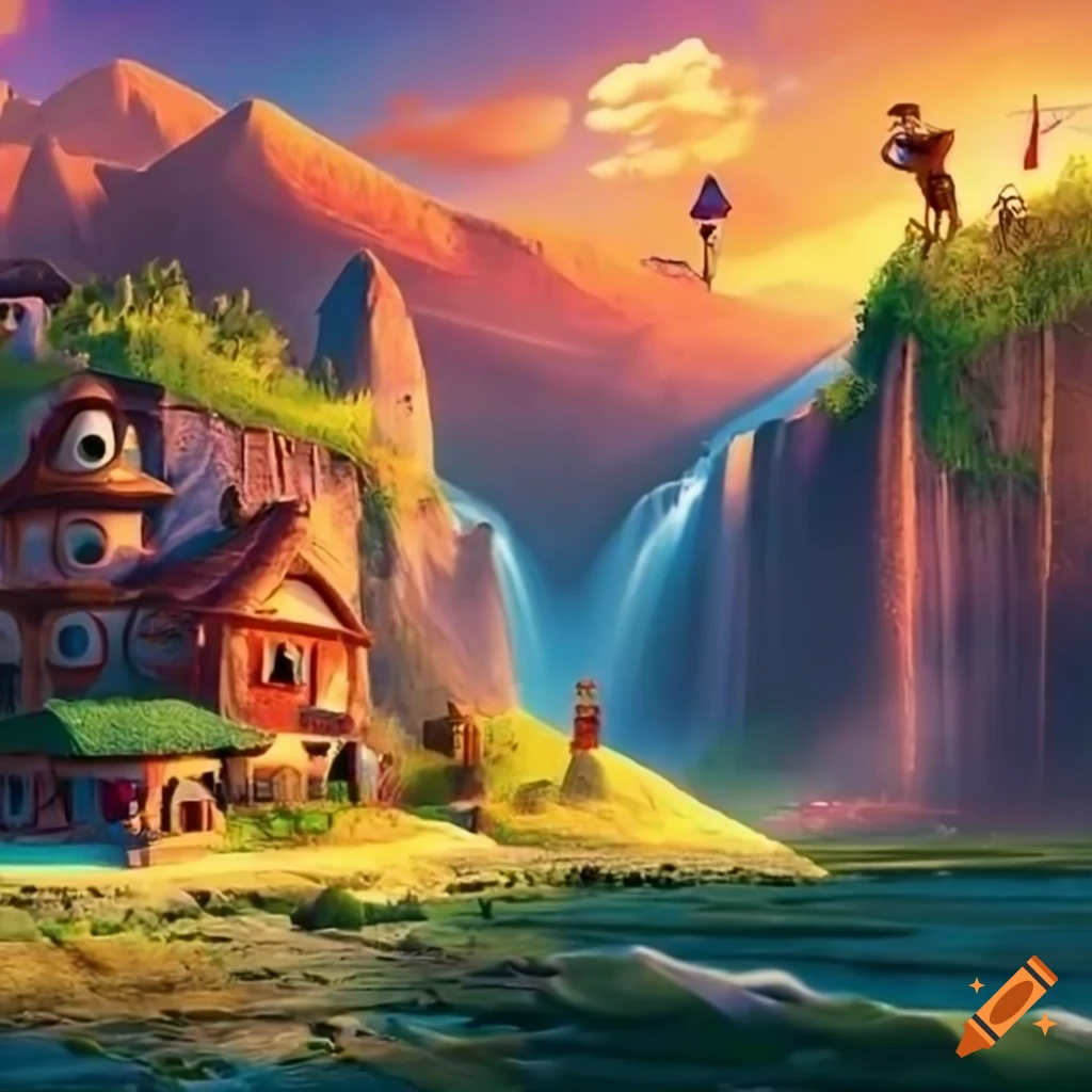 Disney pixar film poster of a village under two hills and a waterfall ...