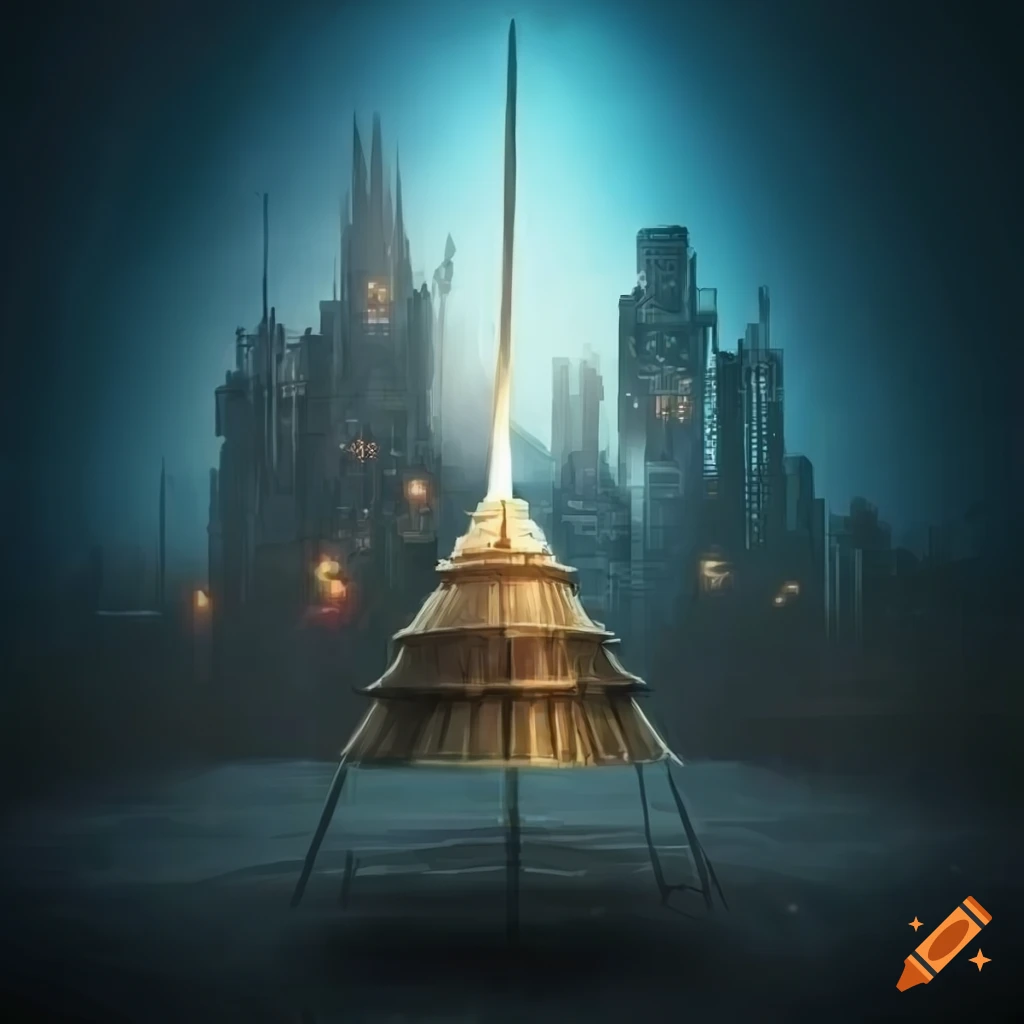 Illustration of a steampunk city with a futuristic white pyramid on Craiyon