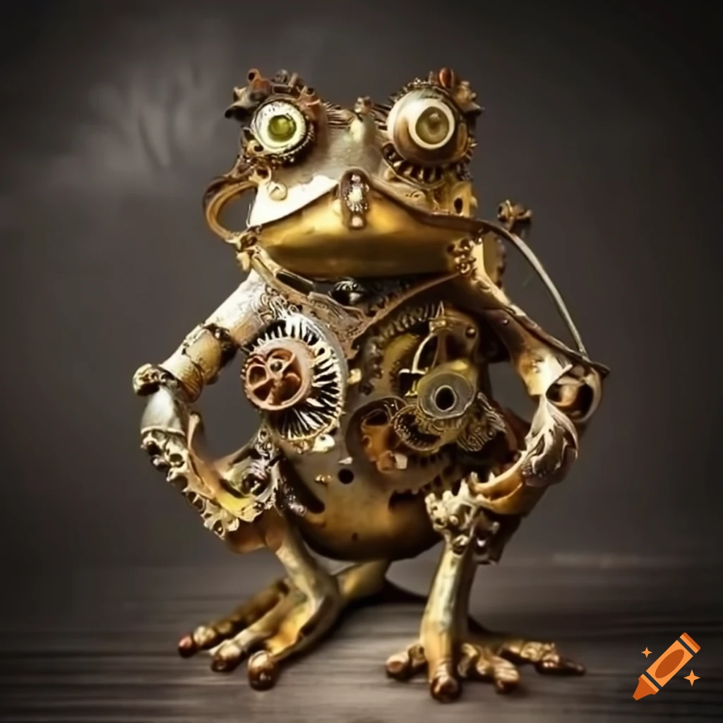 Steampunk humanoid frog with mechanical parts on Craiyon