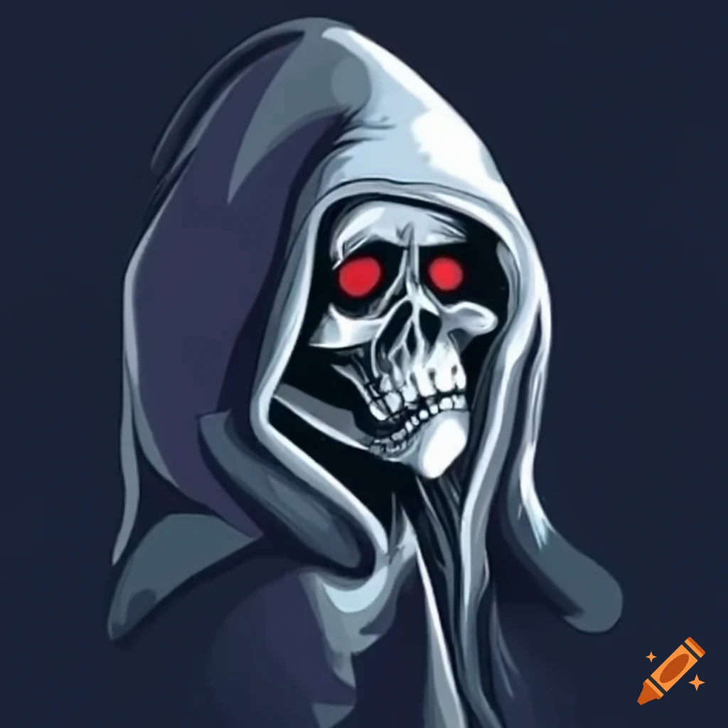 Dark fantasy illustration of a silver reaper with red eyes on Craiyon