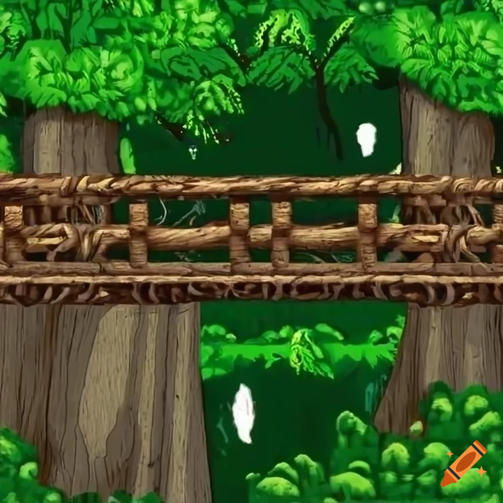 Jungle scene with a log bridge on Craiyon