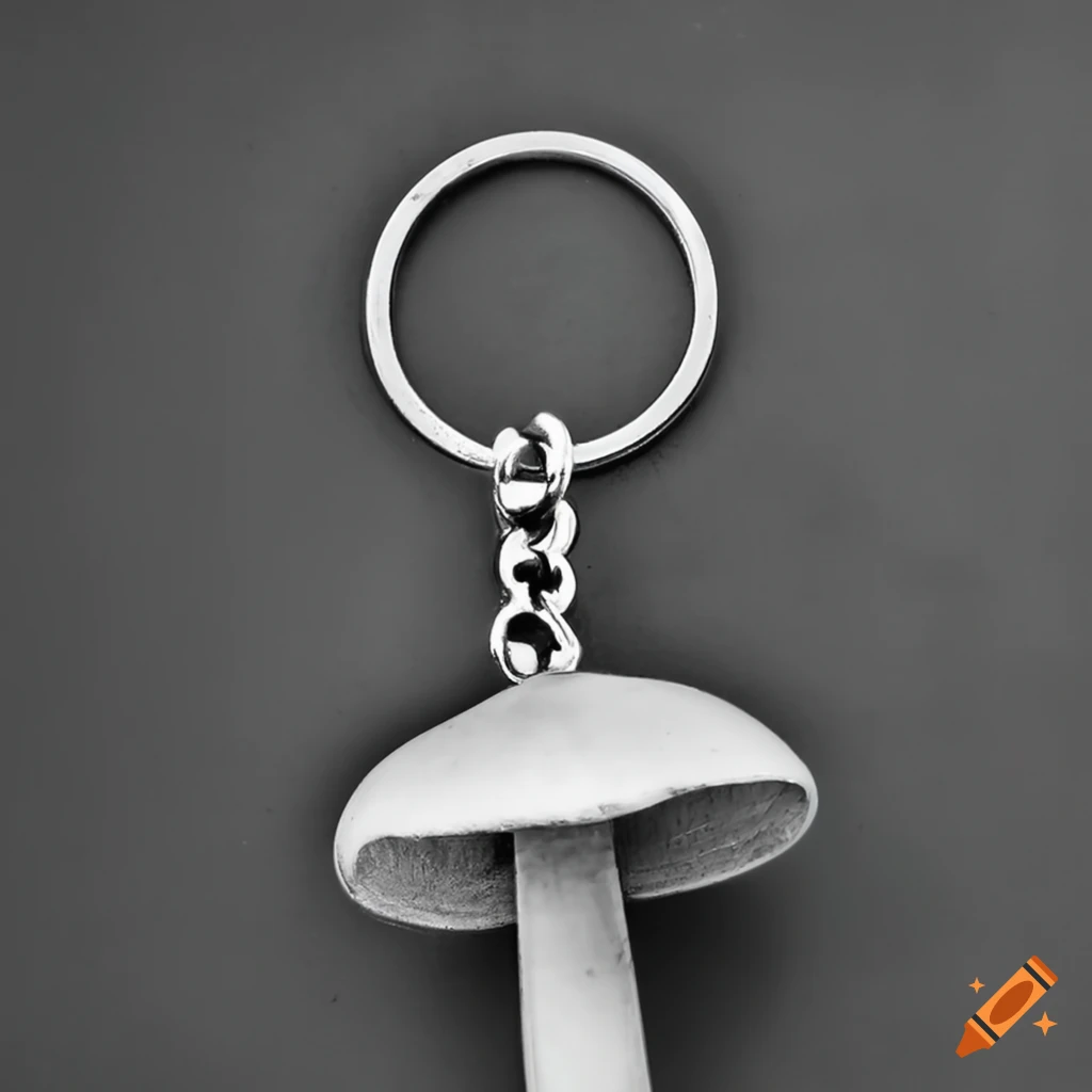 Metal mushroom keychain on a table on Craiyon