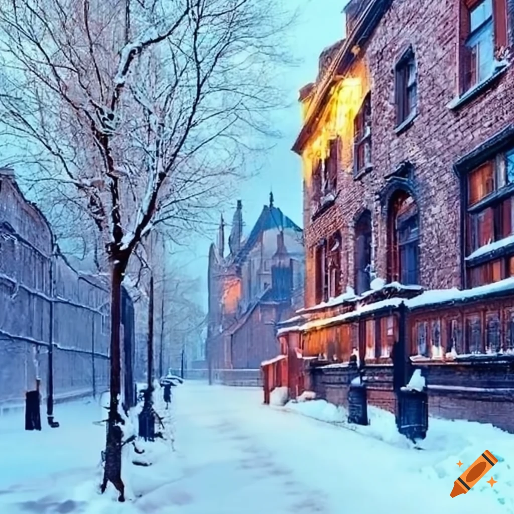 Snowy city street at night with a tv shop on Craiyon