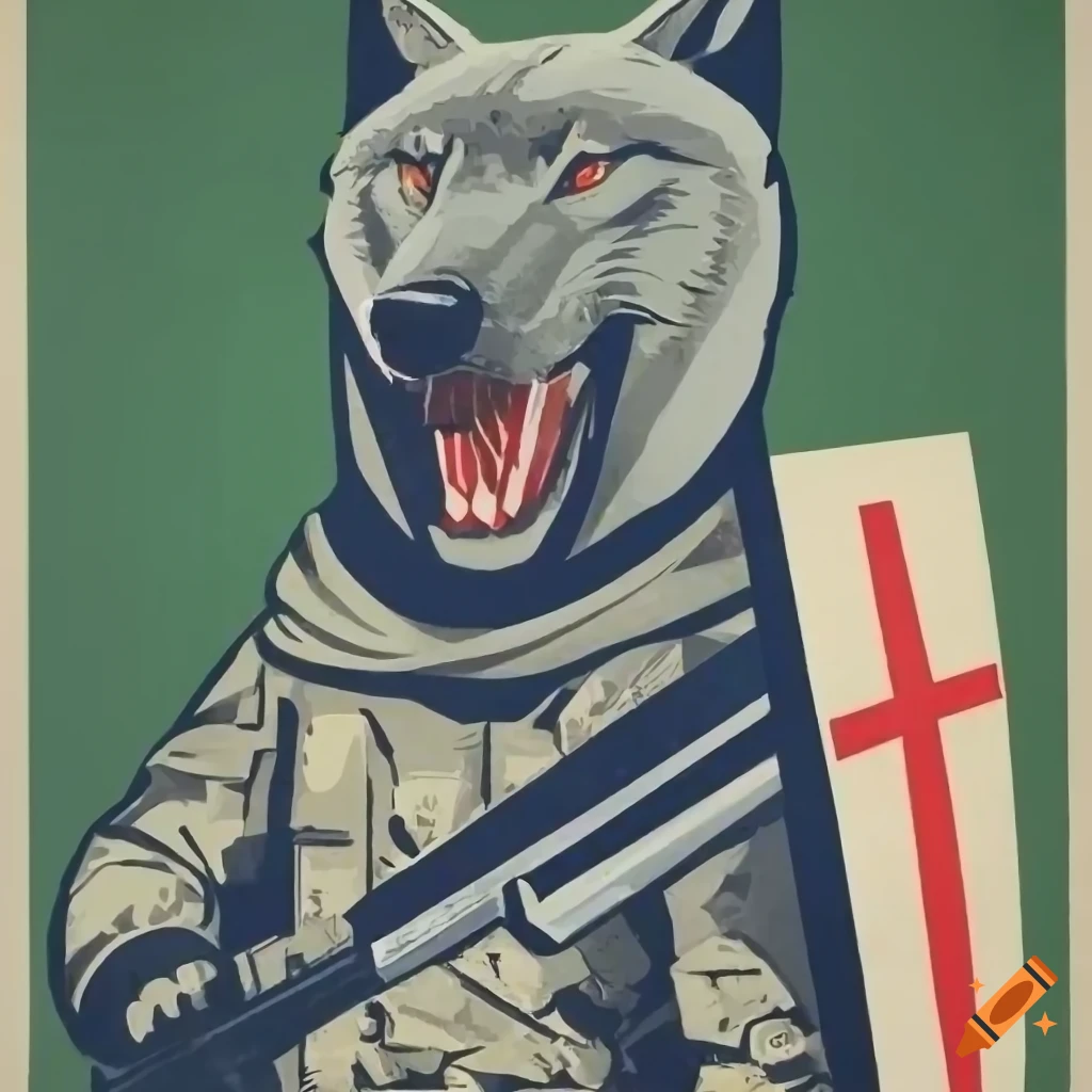 Vintage propaganda poster featuring a wolf in insurgent fighter attire ...