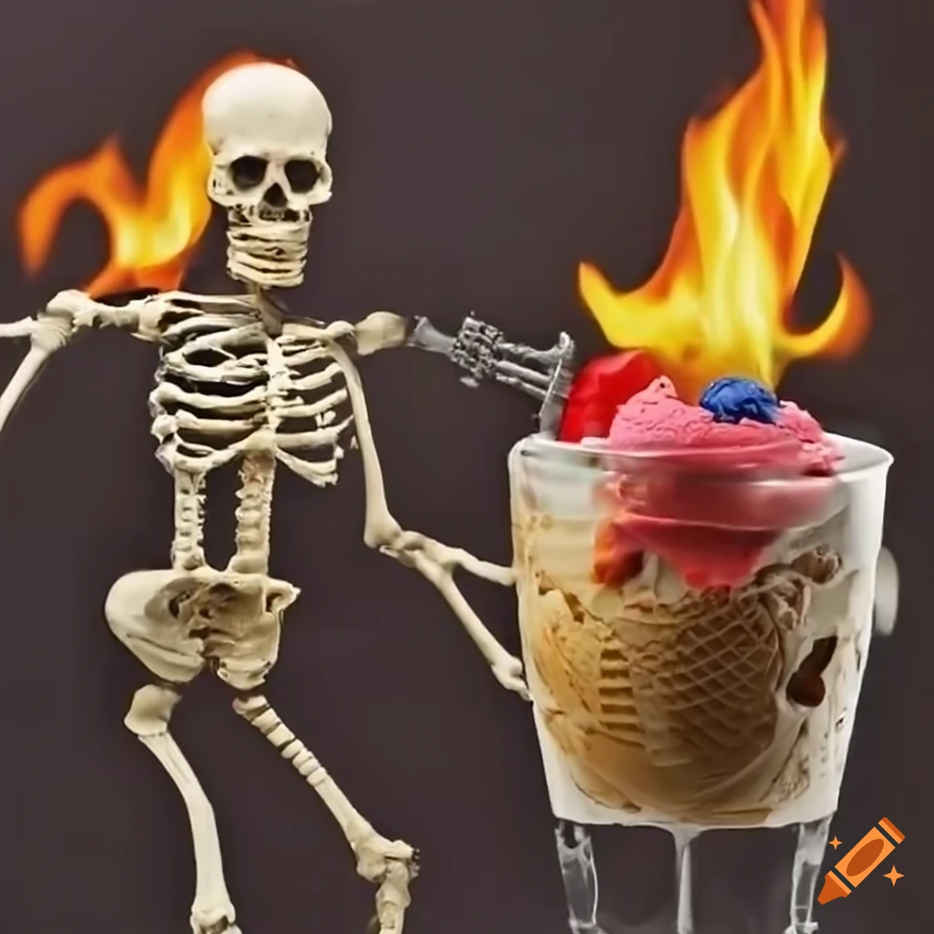 Artistic depiction of a flaming skeleton with ice cream
