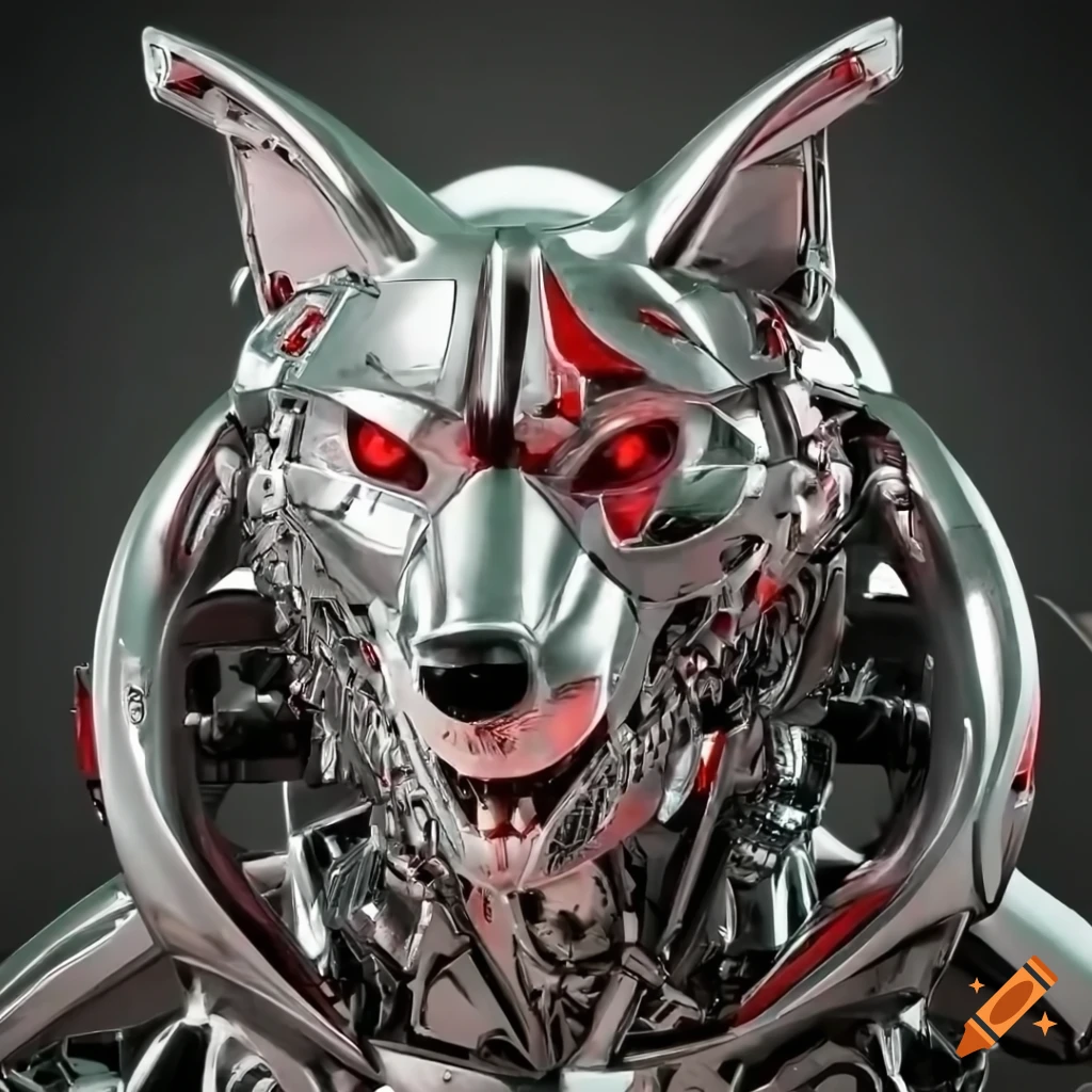Close up of a silver chrome cyborg wolf with red glowing eyes on Craiyon