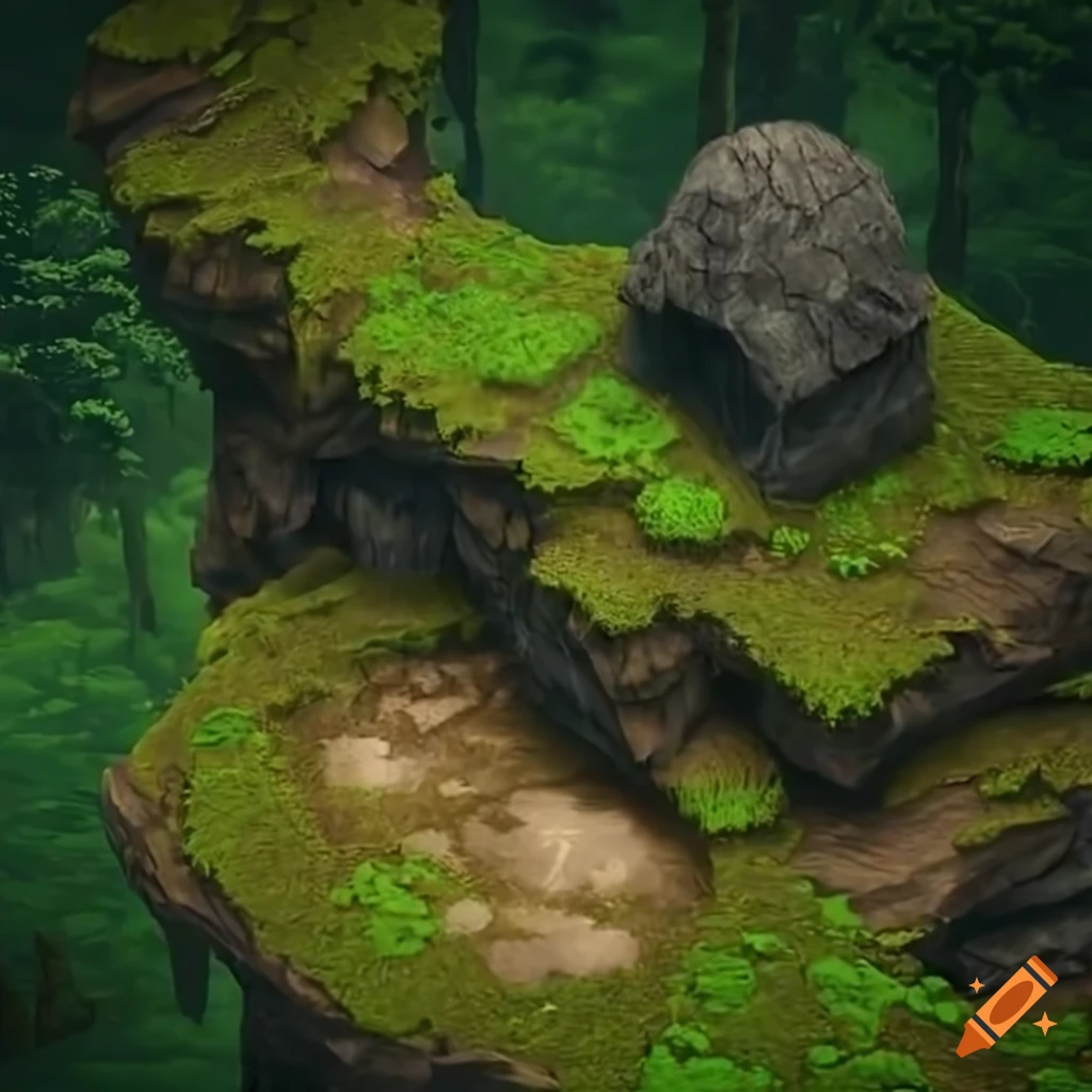 3d game forest ruins with flowing water and moss-covered stones on Craiyon