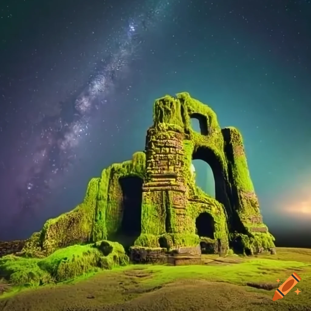 Moss-covered ancient ruins under the milky way on Craiyon
