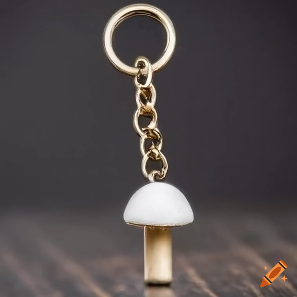 Metal mushroom keychain on table on Craiyon