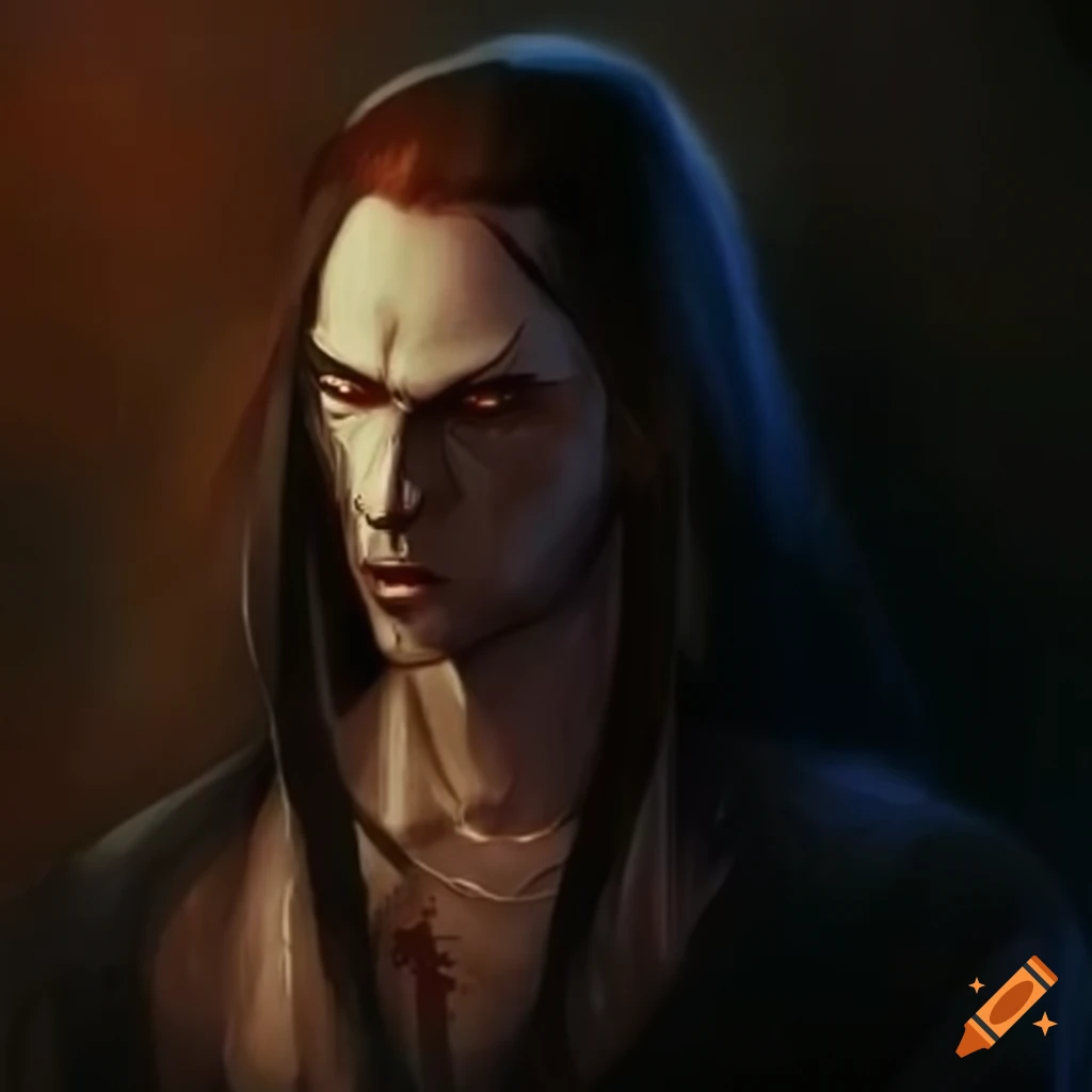 Long haired michael wincott depicting a vampire character on Craiyon