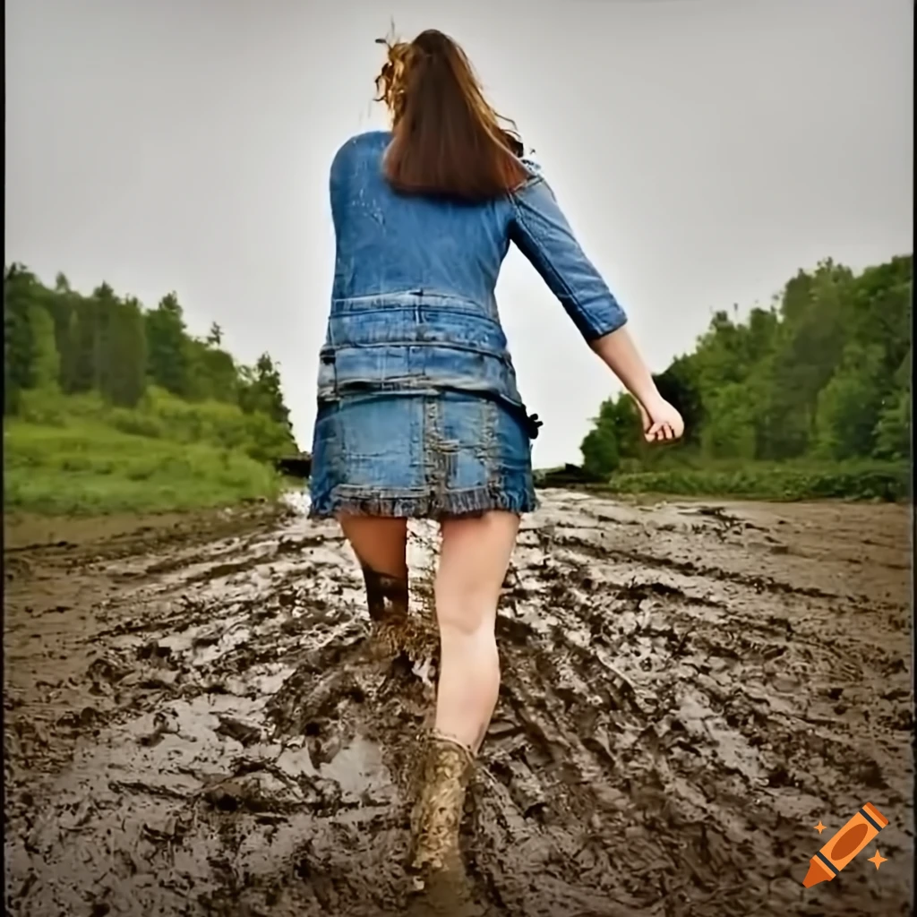Woman in a denim mini skirt pushing a car in the mud on Craiyon