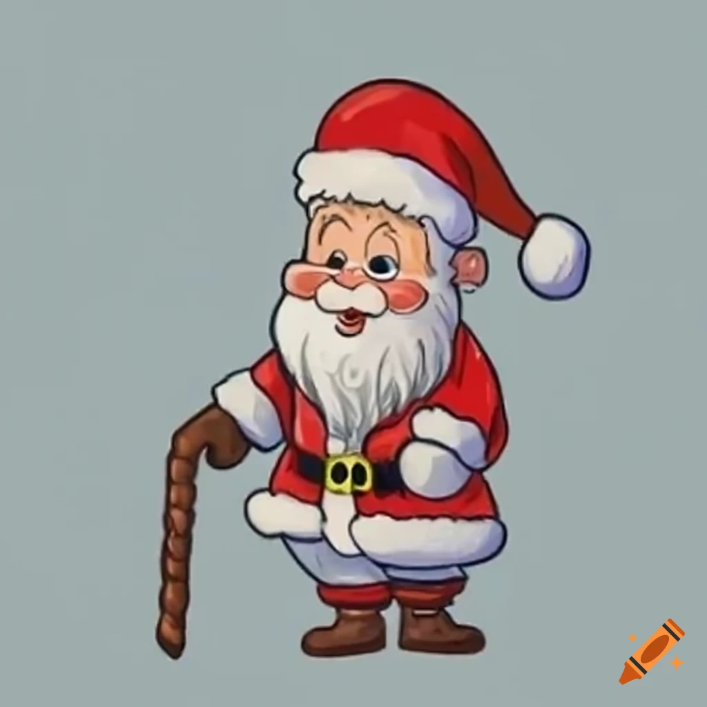 Cartoon santa claus holding a fancy cane on Craiyon