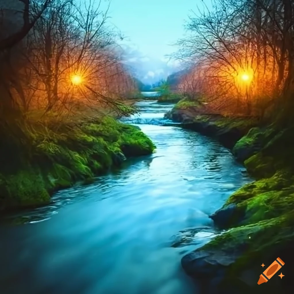 Scenic view of a river with beautiful lighting on Craiyon