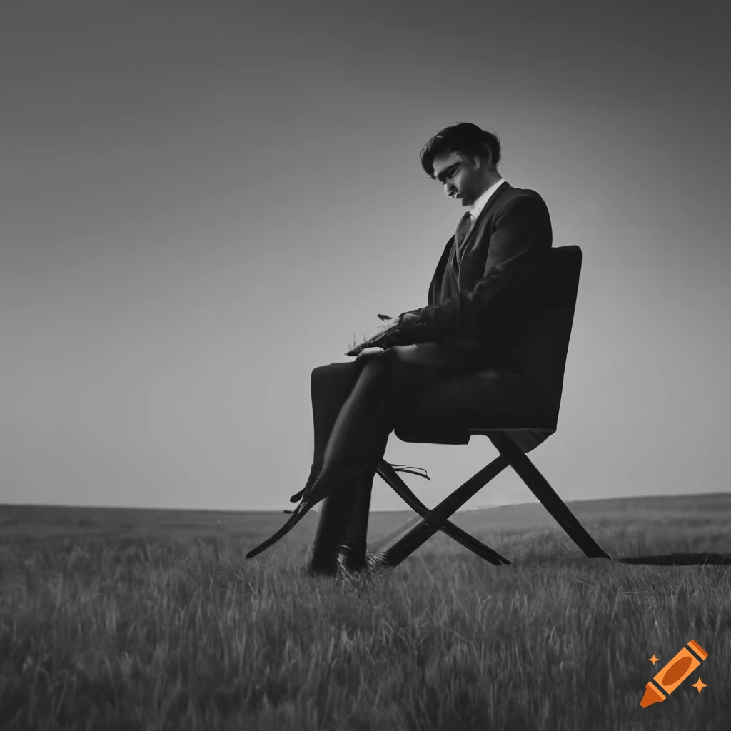Black and white cinematic photo of a man sitting in a chair in an open ...