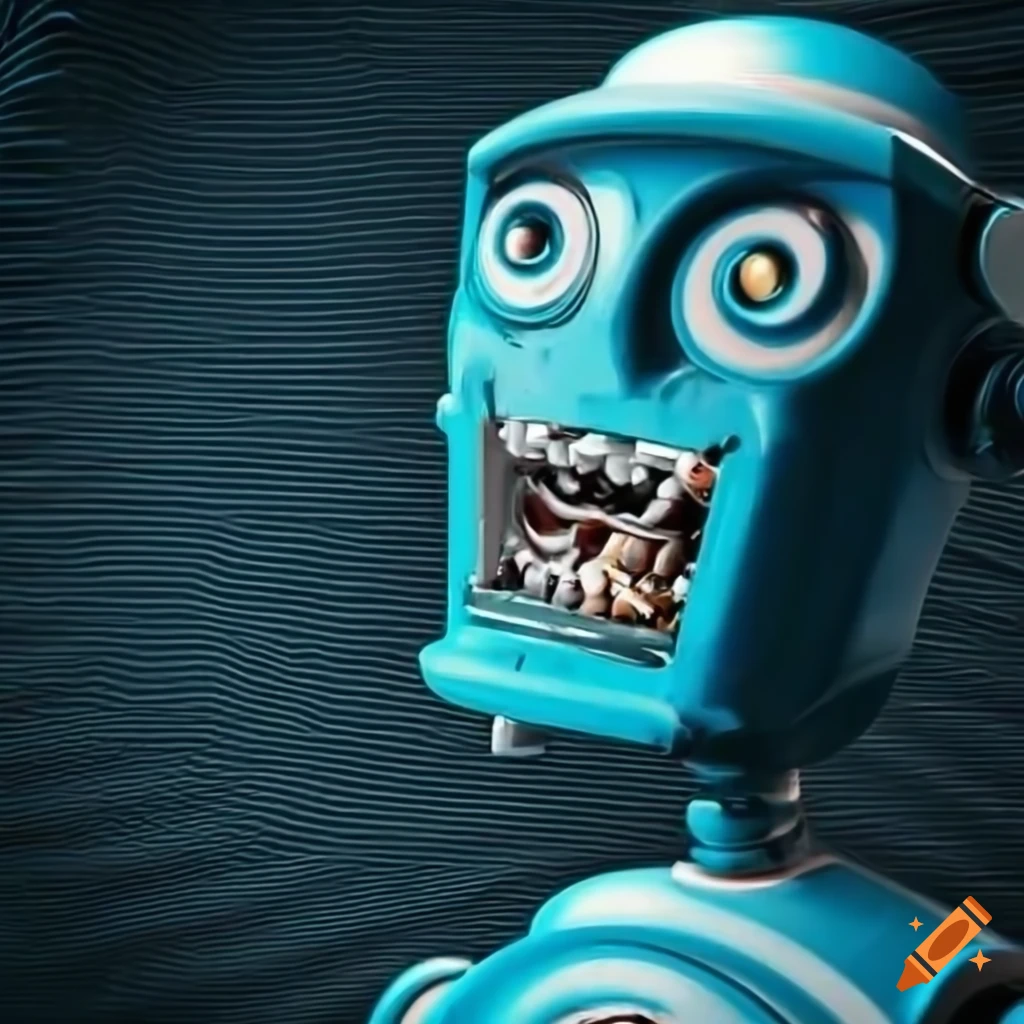 Retro robot with big teeth on spiral background on Craiyon