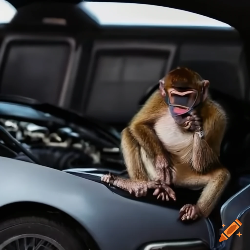 Monkey wearing an air filter mask on a car engine