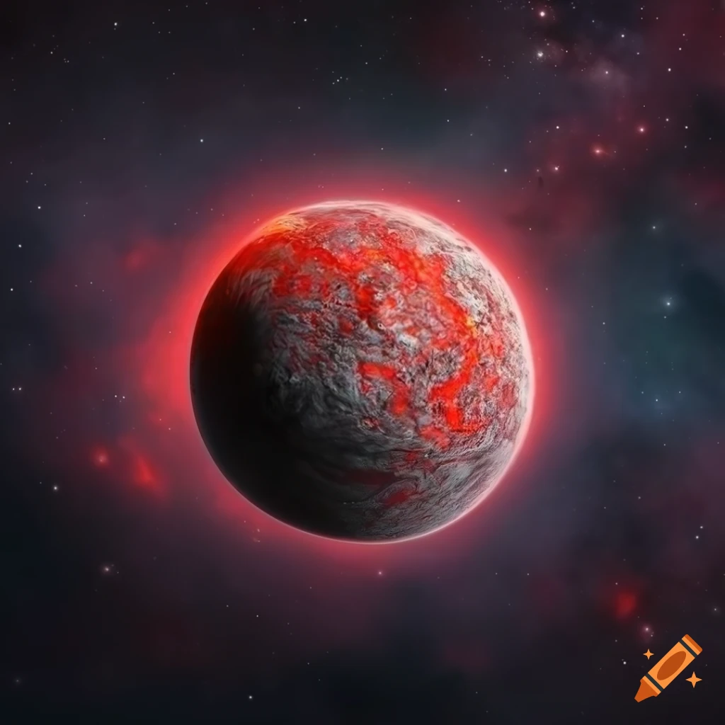 Red and black lava planet in a starry space on Craiyon