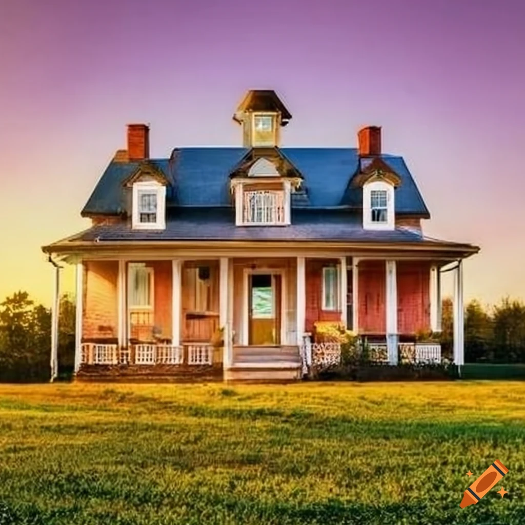 American farmhouse style house with gray exterior in morning sun on Craiyon