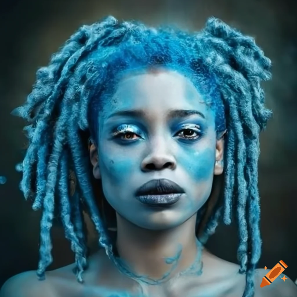 Portrait of a blue-skinned African woman with frizzy hair and seashell ...