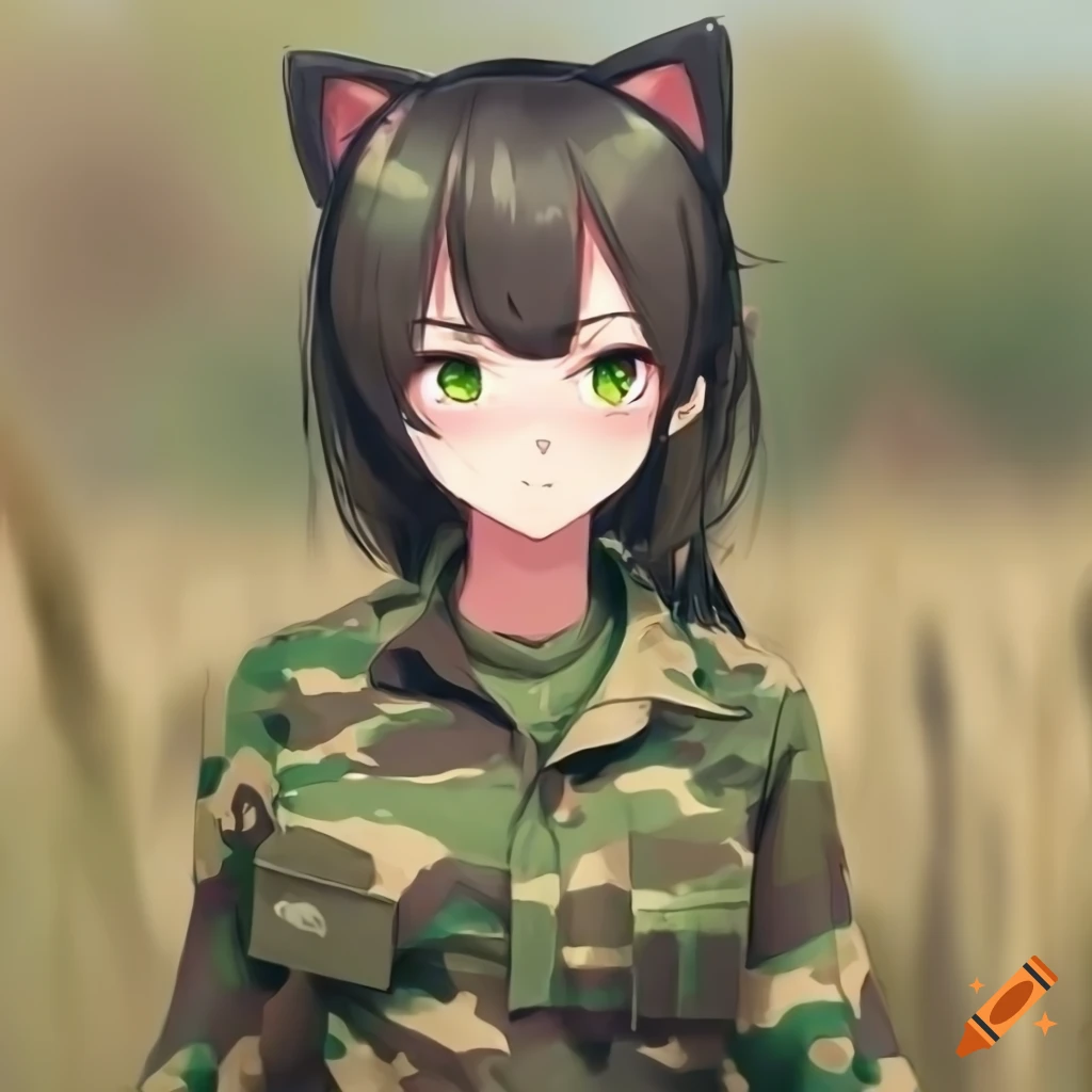Anime girl in camouflage military uniform with cat ears on Craiyon