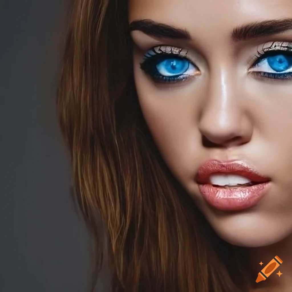 Portrait of a beautiful woman with tan skin and blue catlike eyes on Craiyon