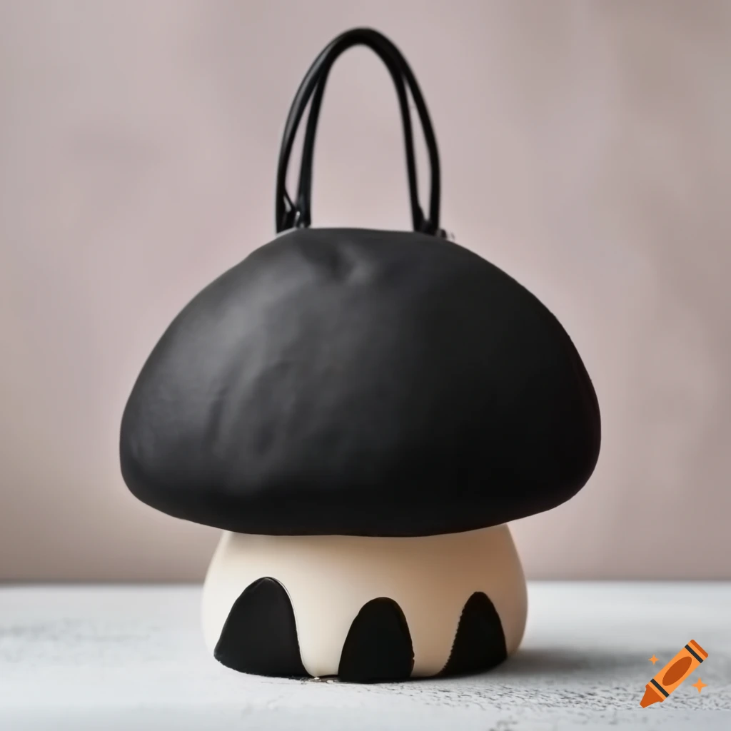 Dark mushroom shaped handbag on a table on Craiyon