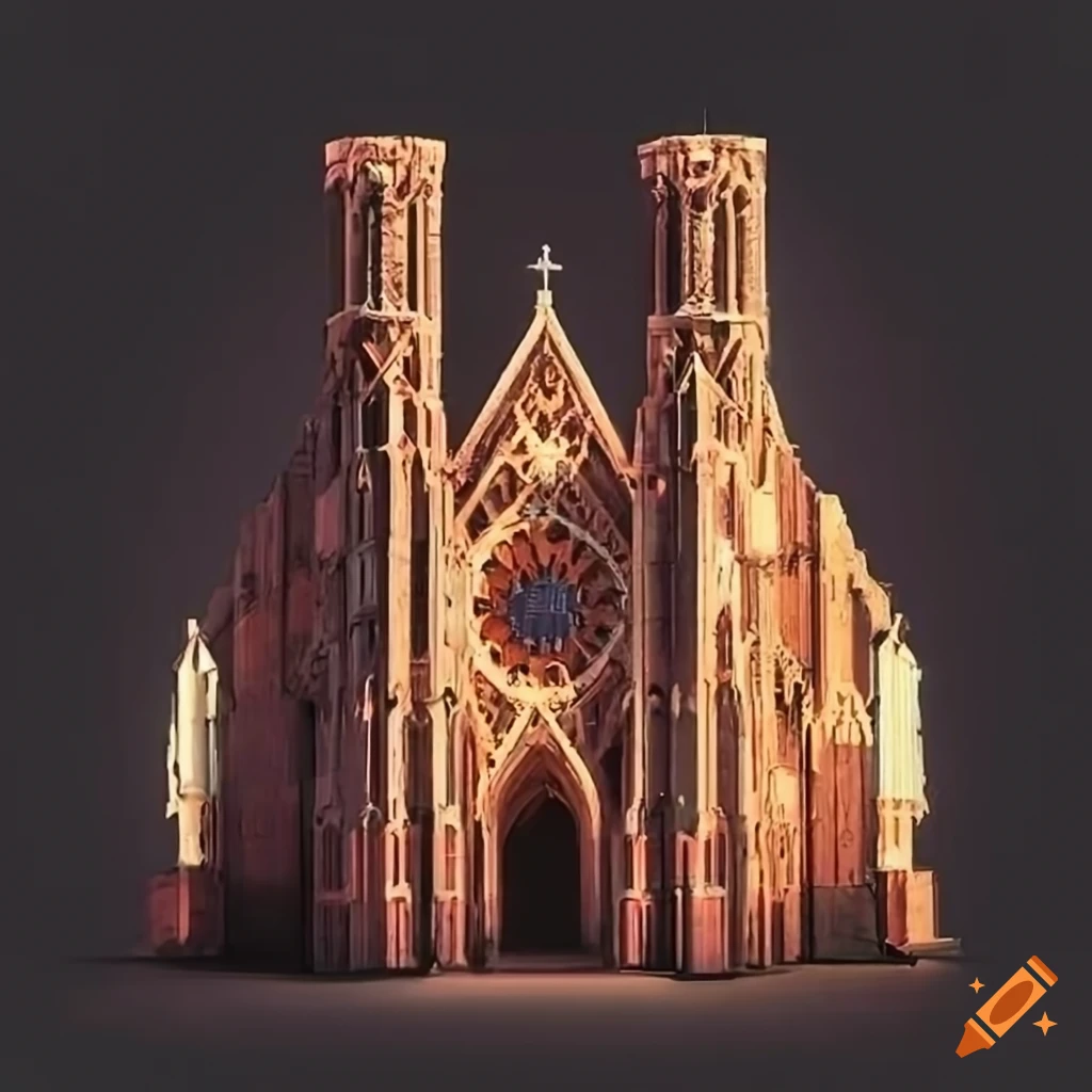 Isometric view of a large gothic architectural courtyard on Craiyon