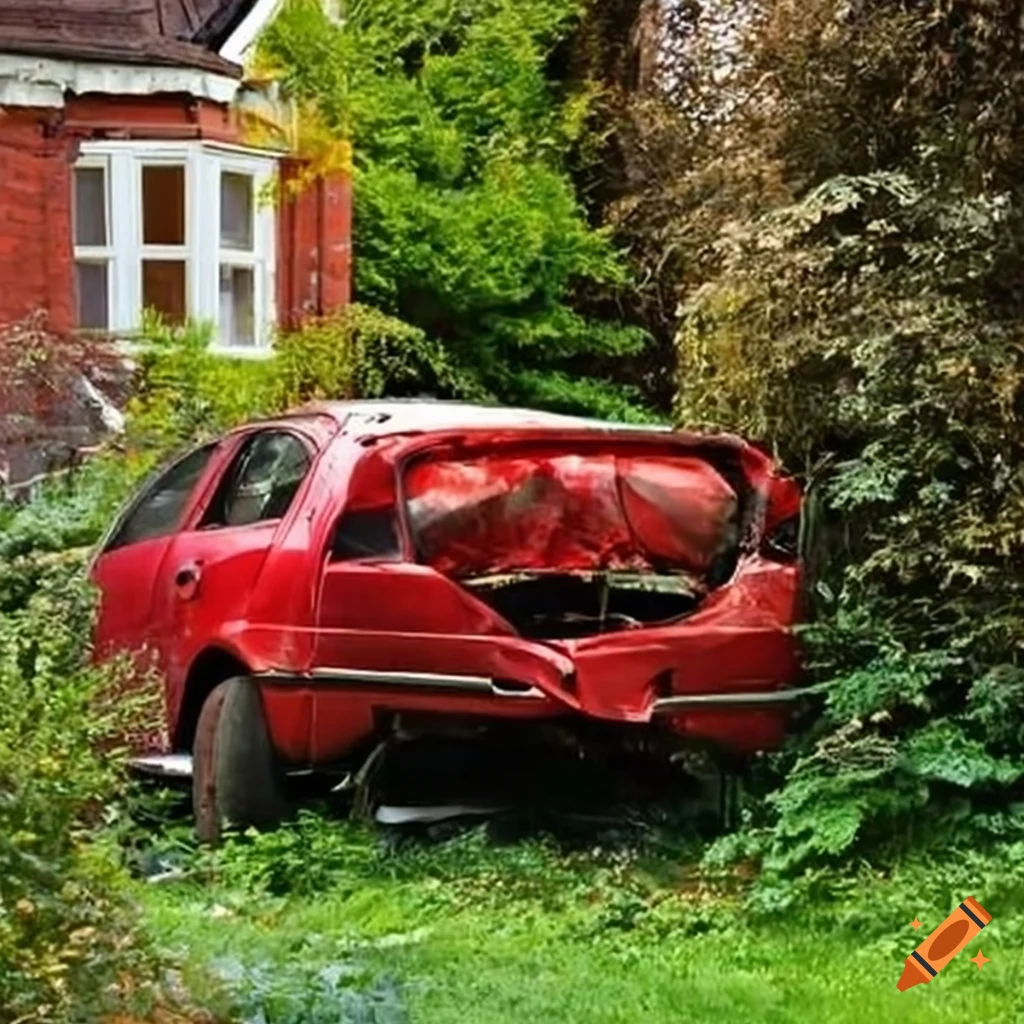 Red Car Crashes Into A Houses Garden