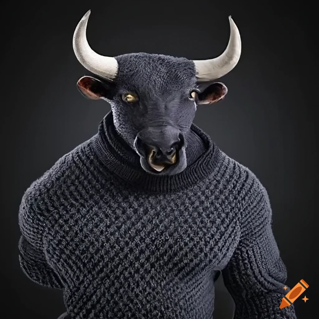 Realistic black minotaur wearing a knitted turtleneck sweater