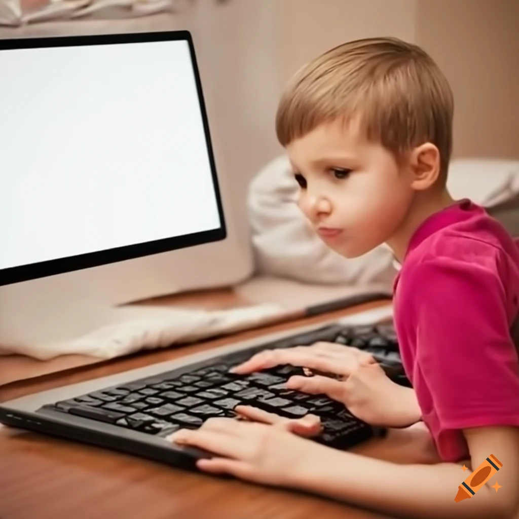 Kid with short hair looking at laptop smiling with his hands in the air ...