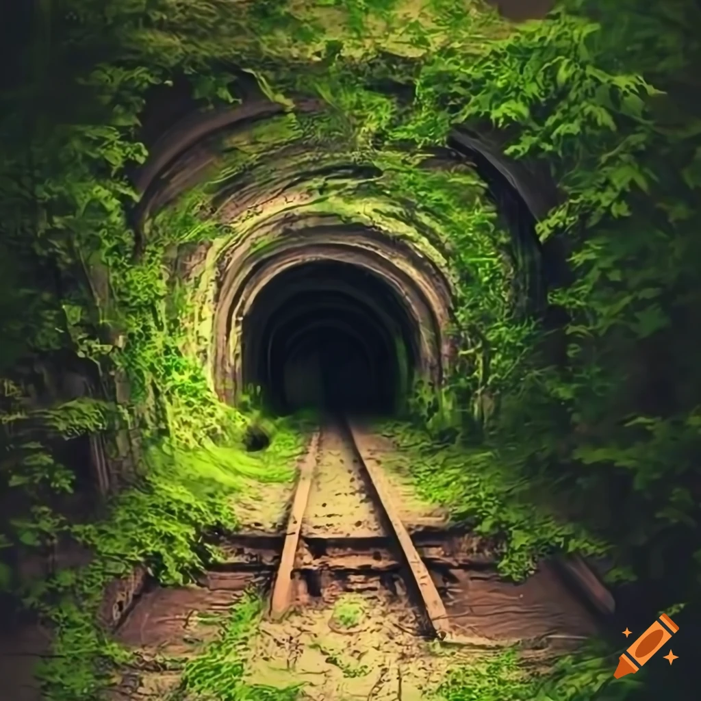 Artistic depiction of an old overgrown railway track on Craiyon