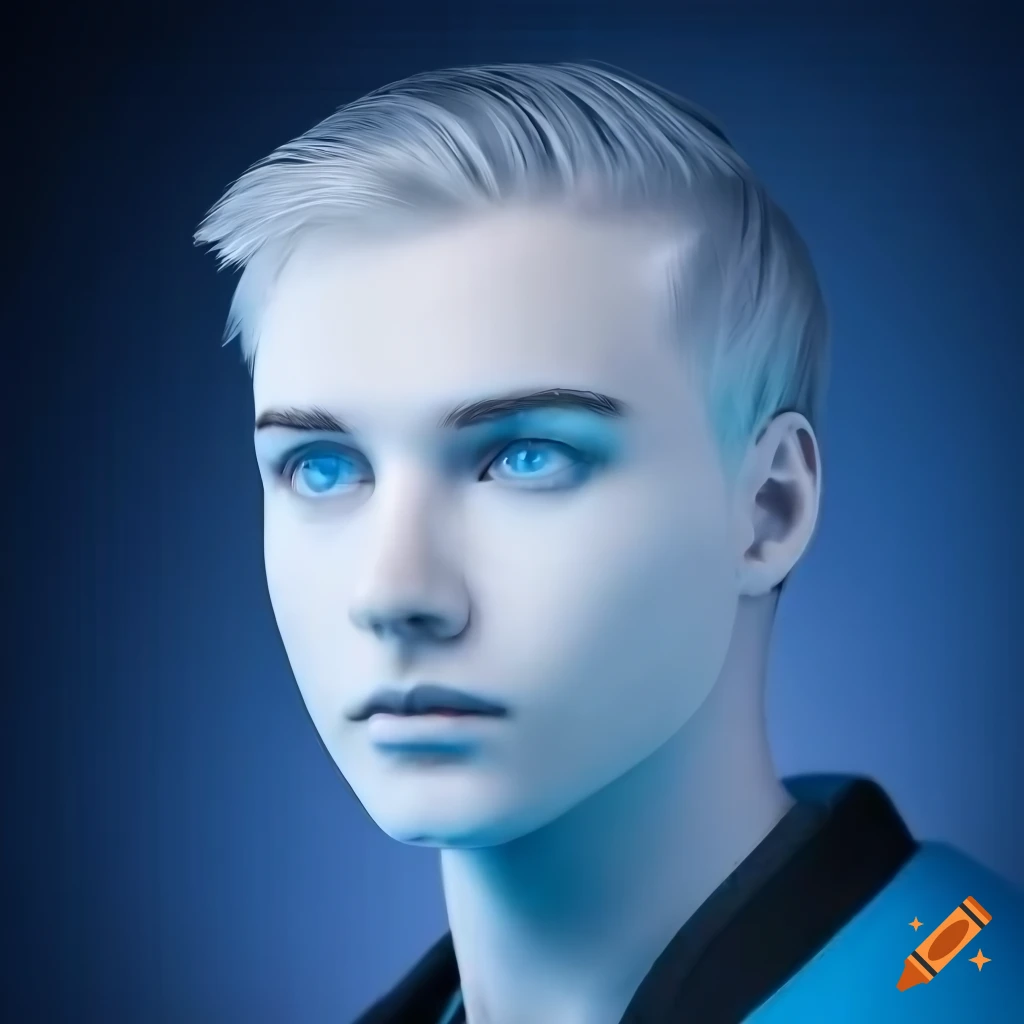 Portrait of a beautiful pale-blue android with blue eyes and white hair ...