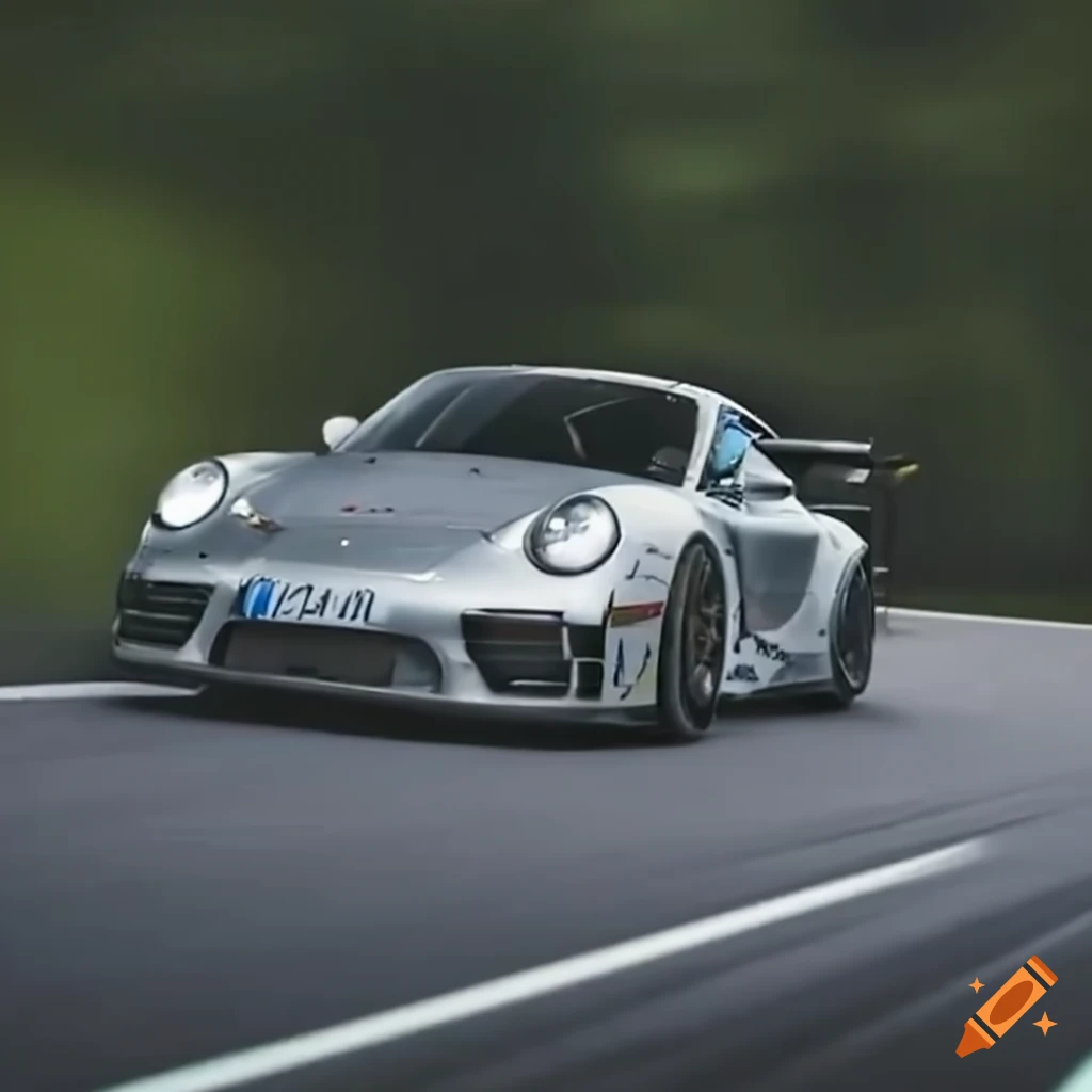 Silver Porsche racing on a track on Craiyon