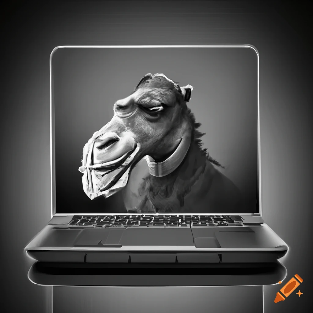 Black and white image of a camel working on a laptop on Craiyon