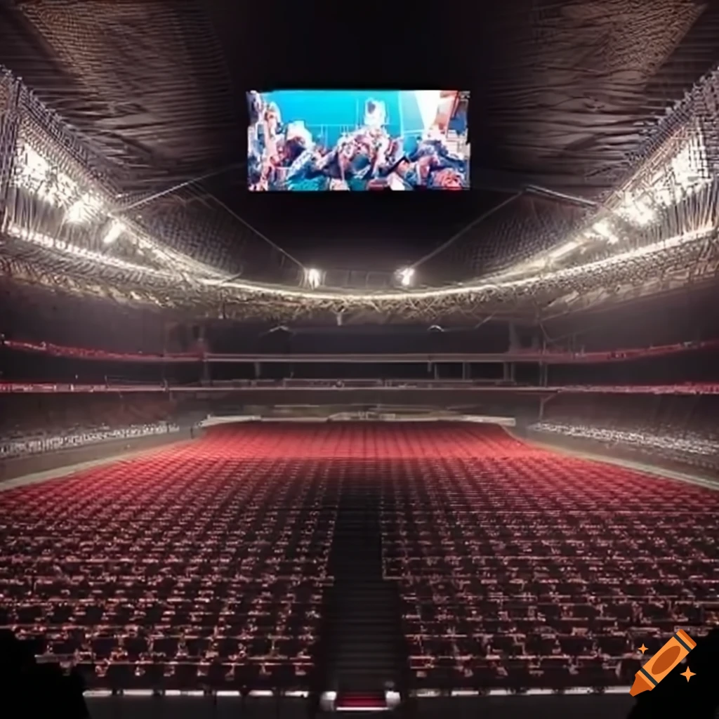 Symmetrical stadium with large video screens