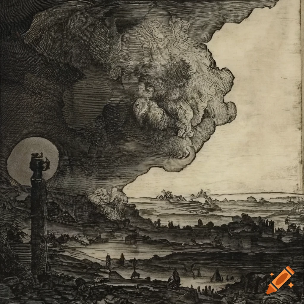 Engraved artwork of flying tents in stormy weather on Craiyon