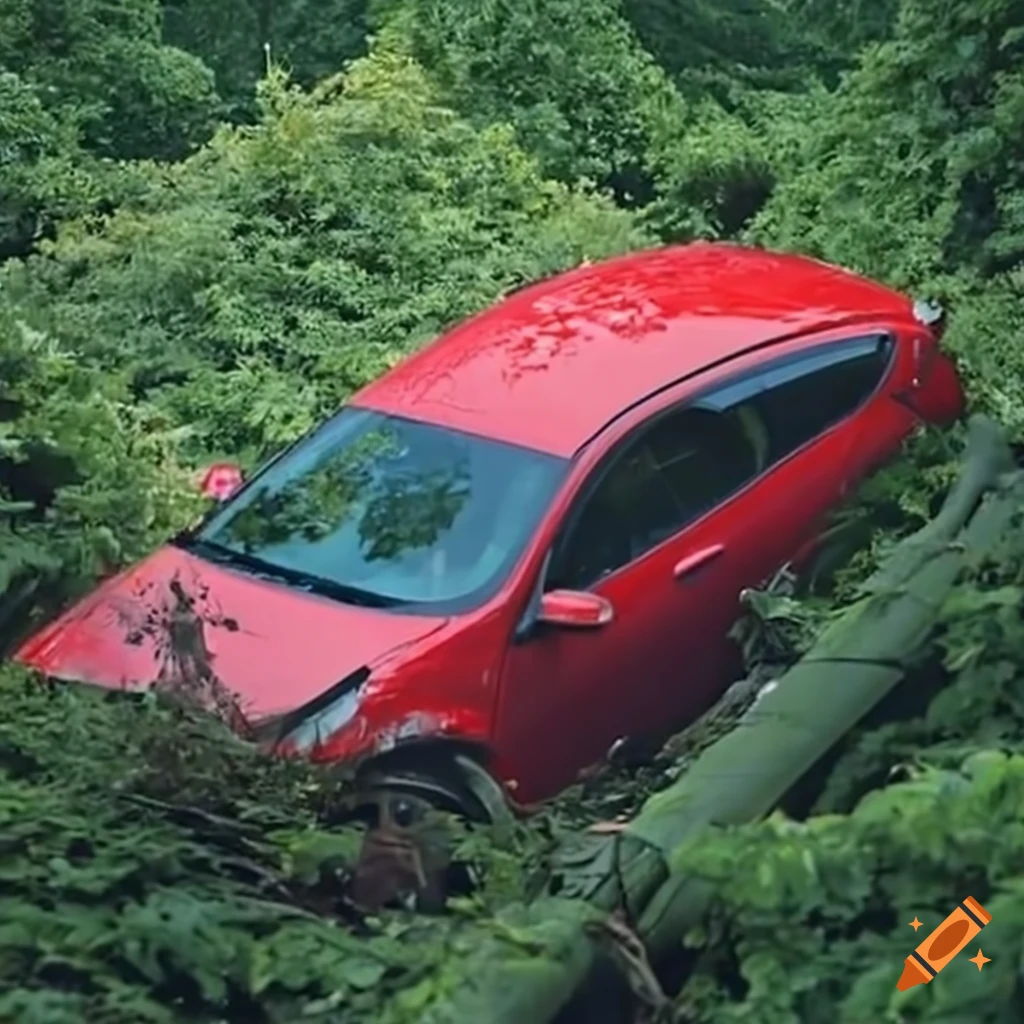 Image of a red car crash through a hedge fence on Craiyon
