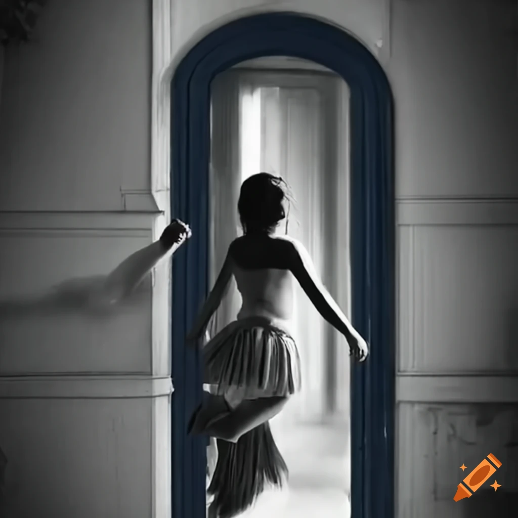 Black and white photo of a girl escaping through a blue door on Craiyon