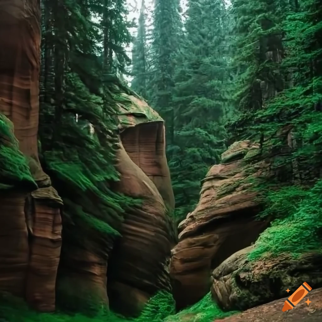 Sprawling forest landscape with rock formations and vibrant colors on ...