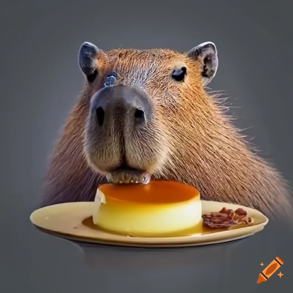 Capybara eating flan