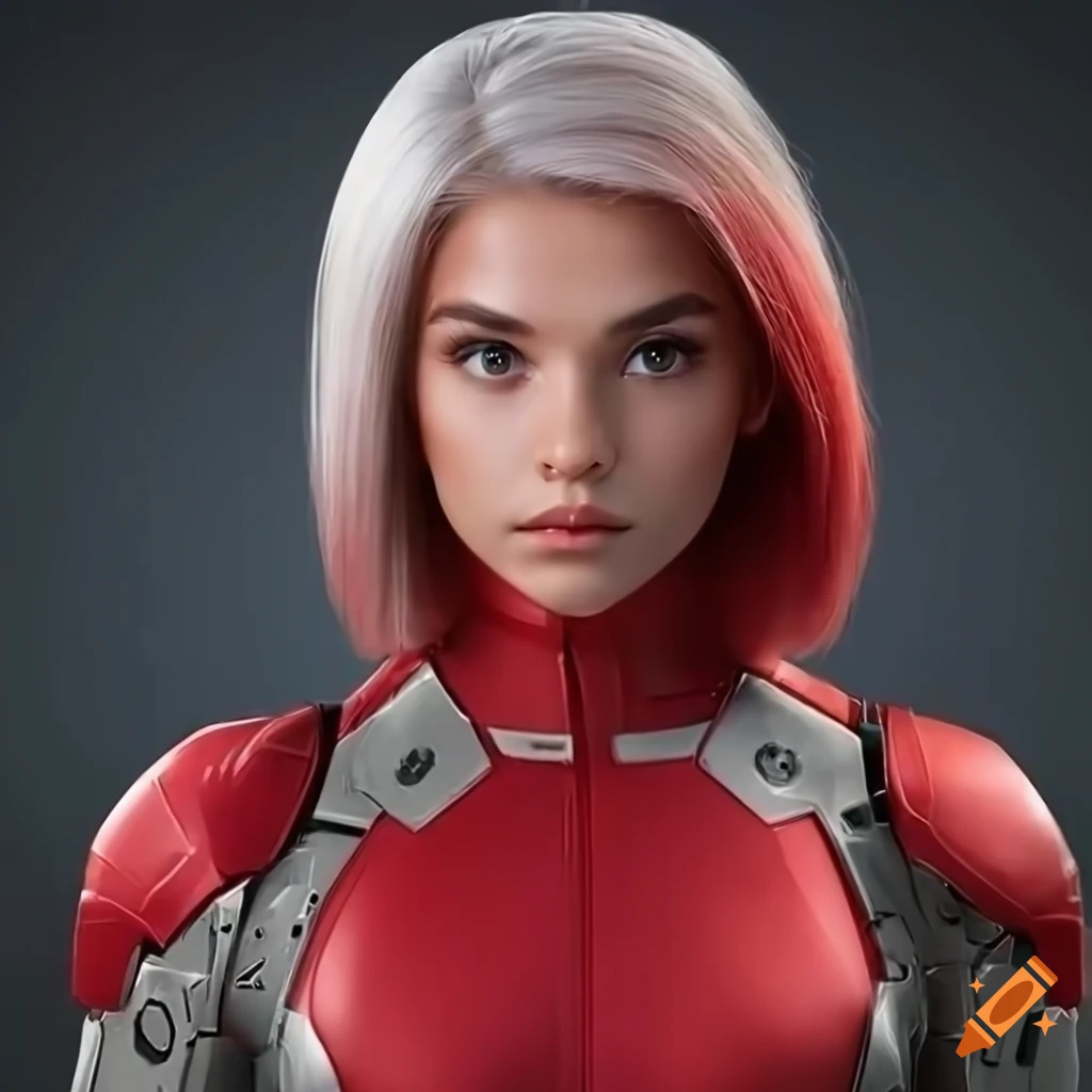Portrait of a futuristic teen female with red and gold armor on Craiyon