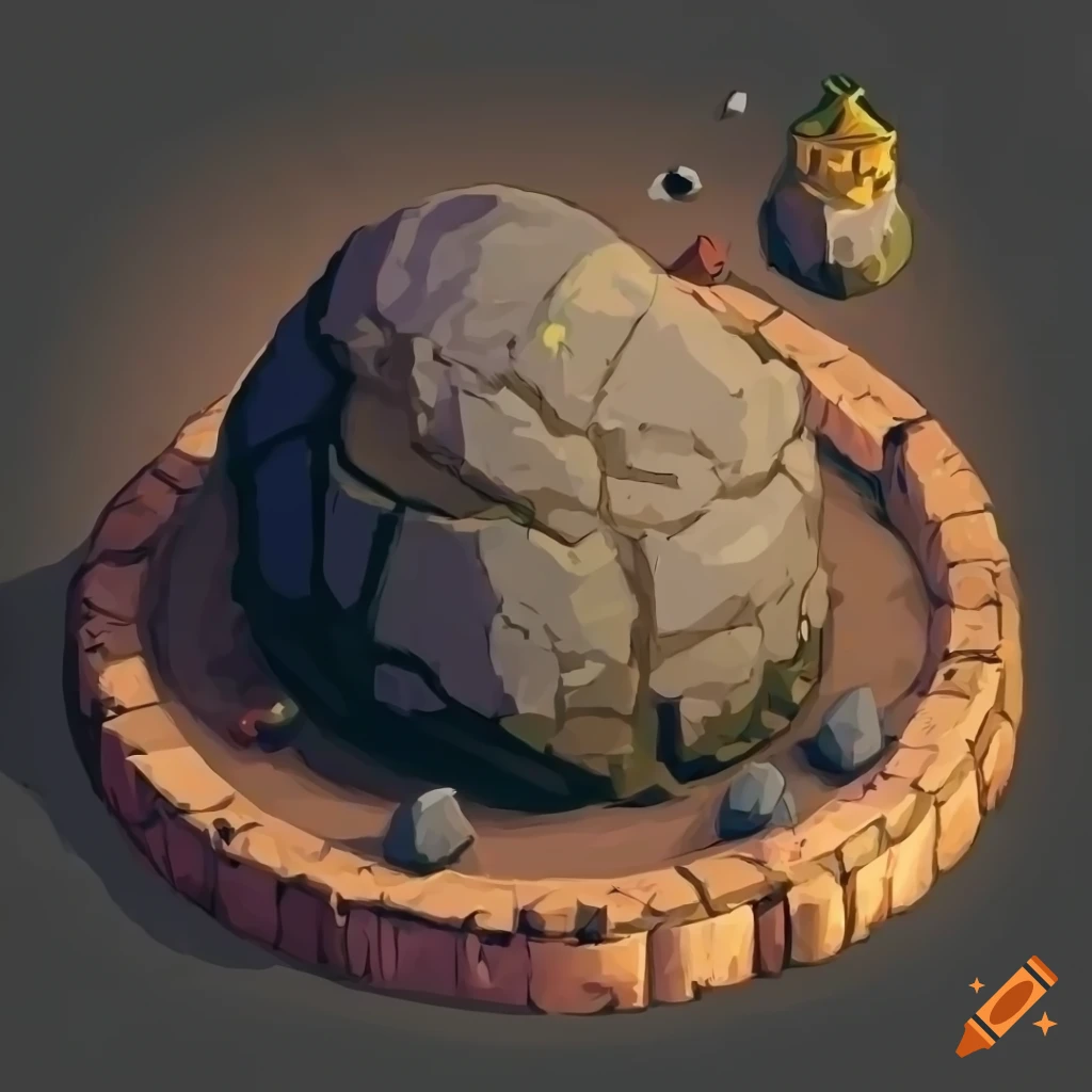 2d isometric game art of a giant round boulder on Craiyon
