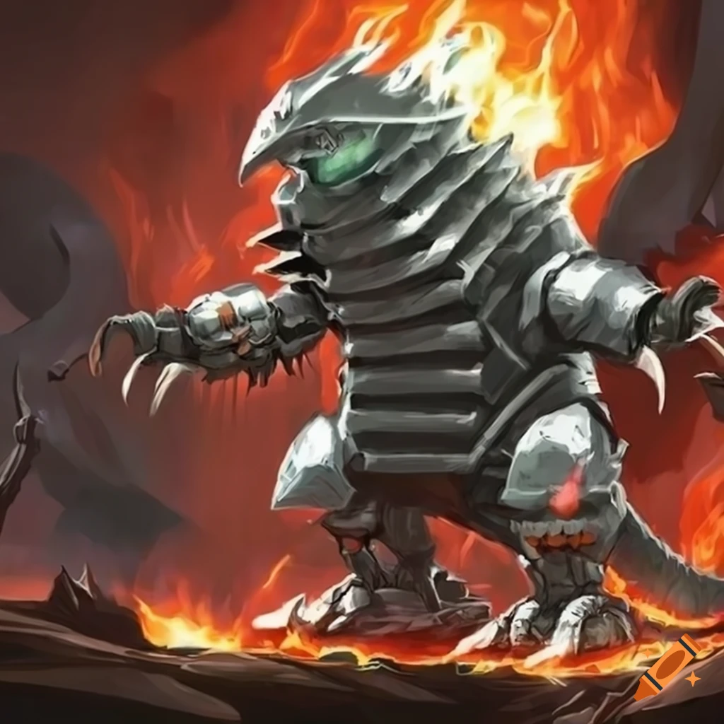 Epic artwork of a fire-breathing silver robot tyranitar on Craiyon