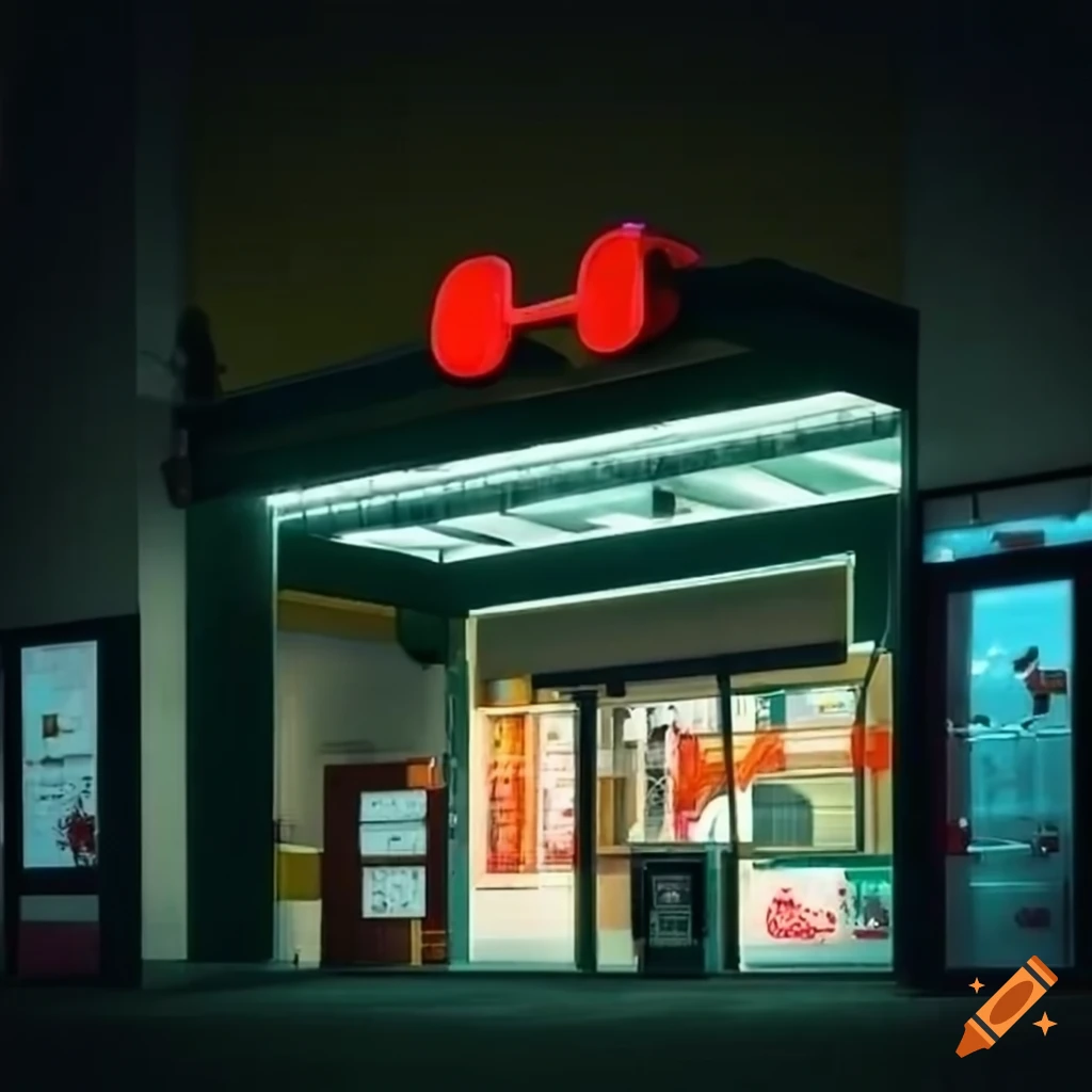 Night view of a brightly lit gas station convenience store entrance on ...