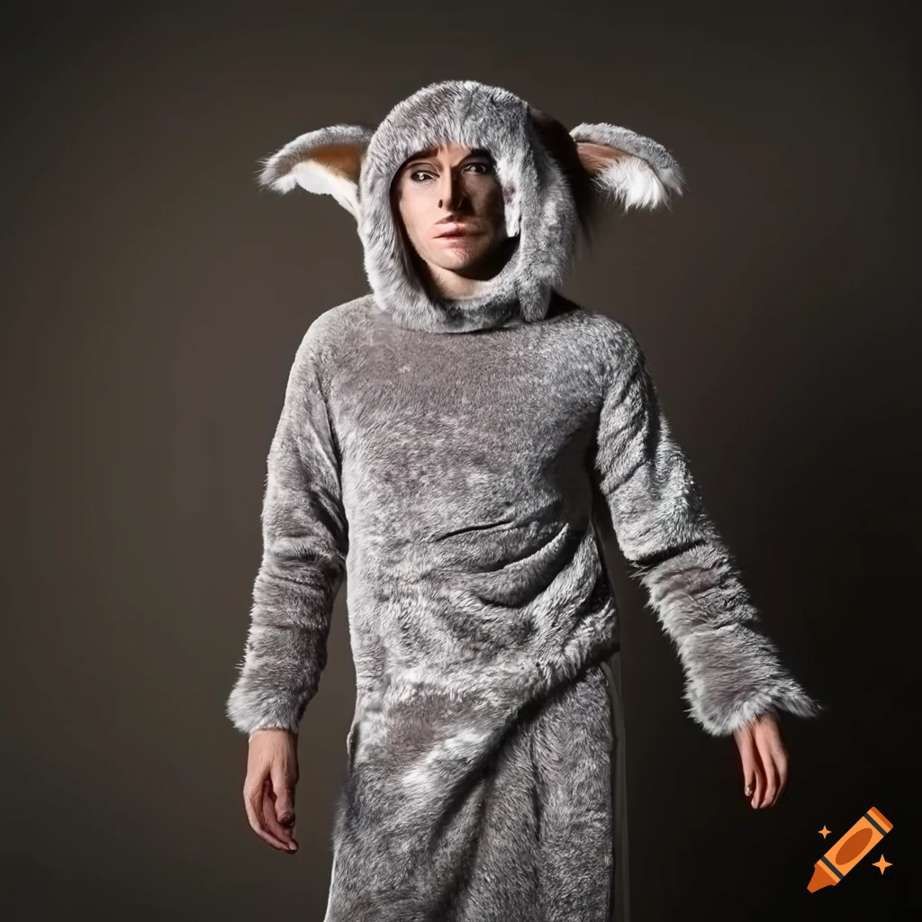 Young man wearing a gray furry animal costume on Craiyon