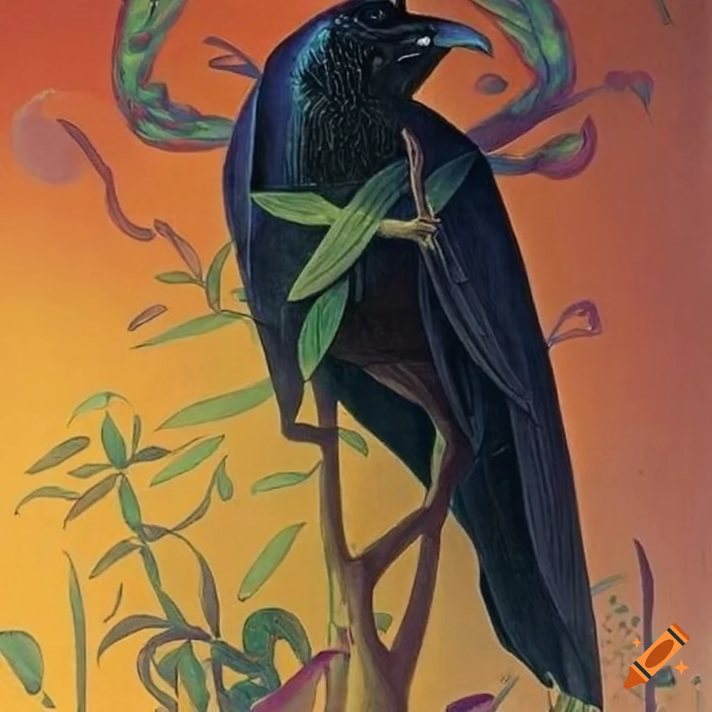 Illustration of a raven wearing a colorful peacock feather cloak on Craiyon
