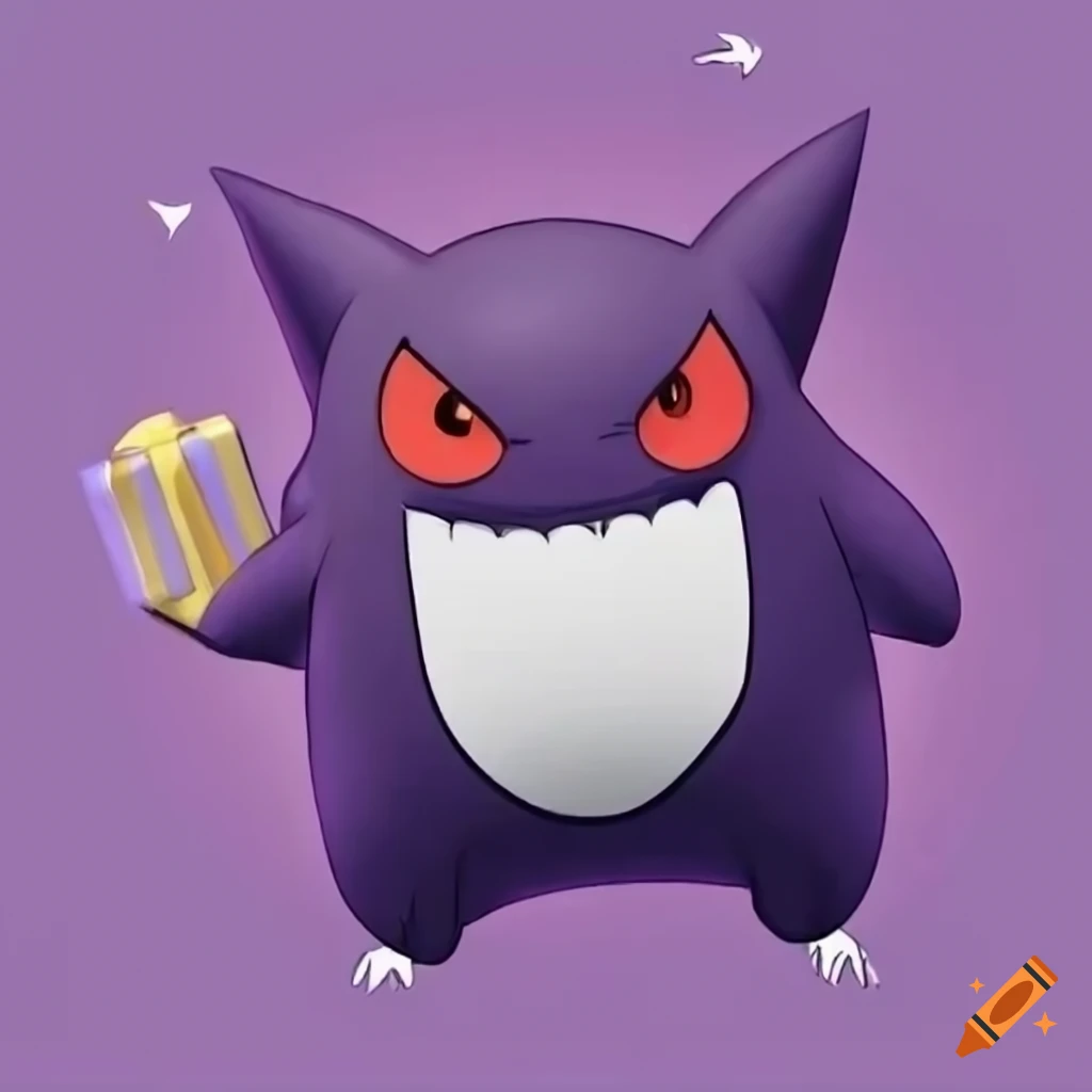 Cute Gengar holding a gift with a shy smile on Craiyon