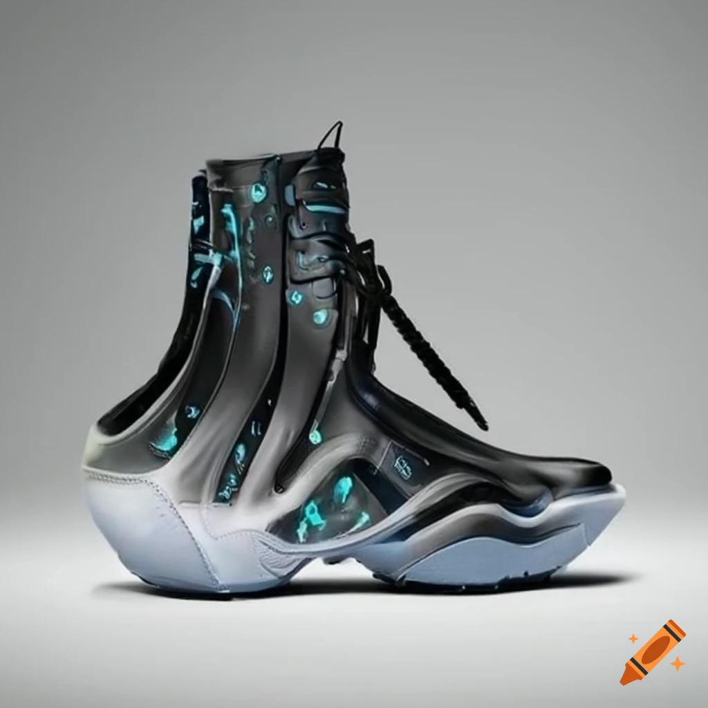 Front and side view of futuristic custom boot sneakers on Craiyon