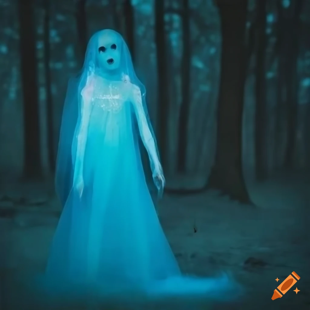 Digital artwork of a transparent blue ghost girl in a dark forest on ...