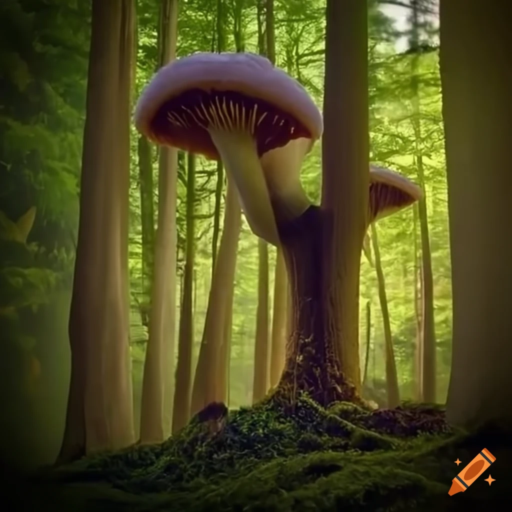 Magnificent forest landscape with tall fungi and trees on Craiyon